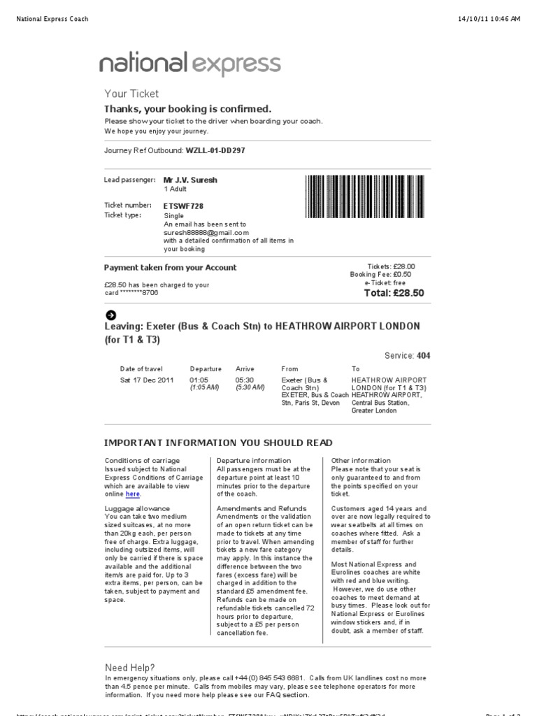 National Express Coach | PDF | Ticket (Admission) | Public Transport
