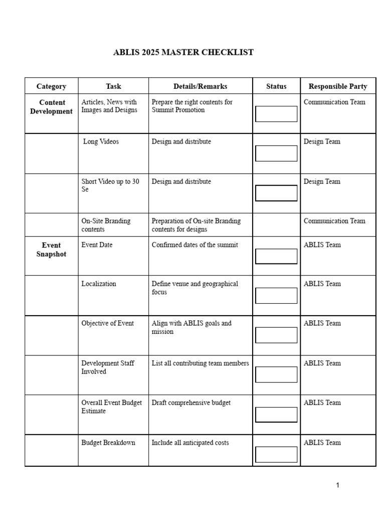 ABLIS 2025 Event Planning Checklist | PDF