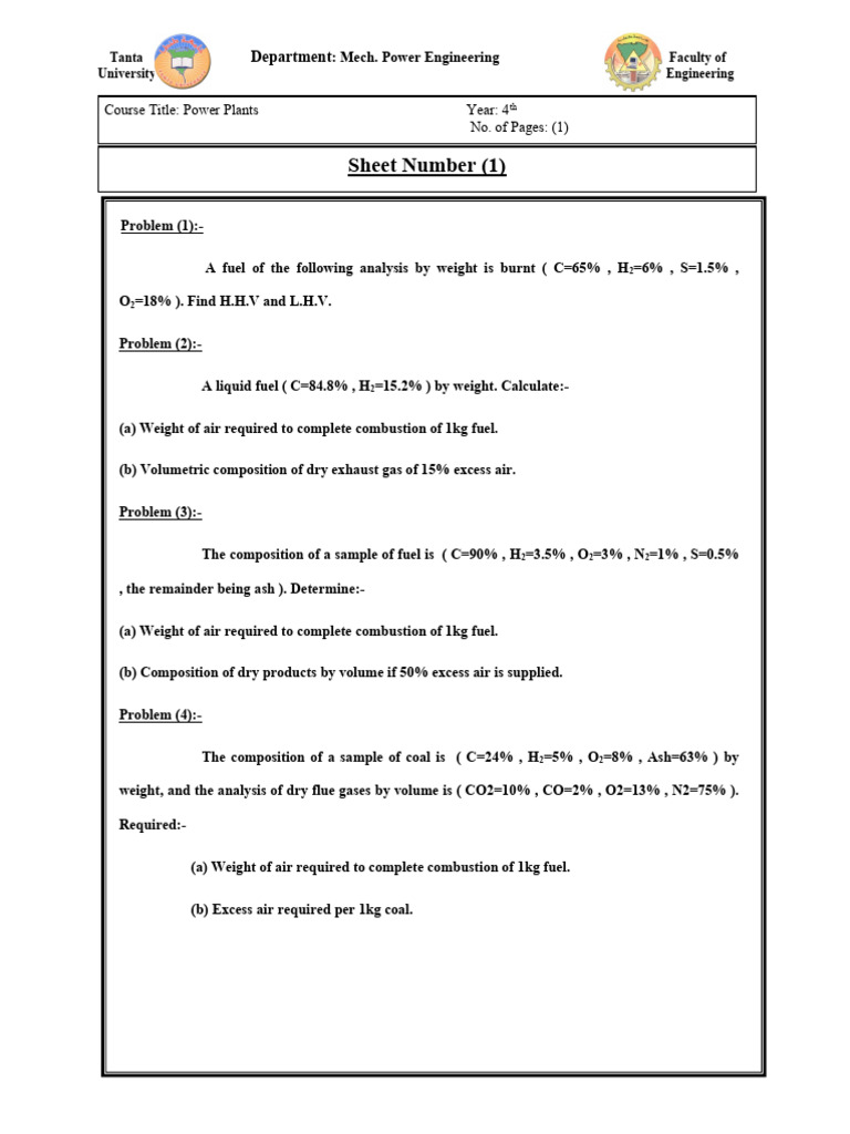 Sheet 1. Power Plant Combustion | PDF