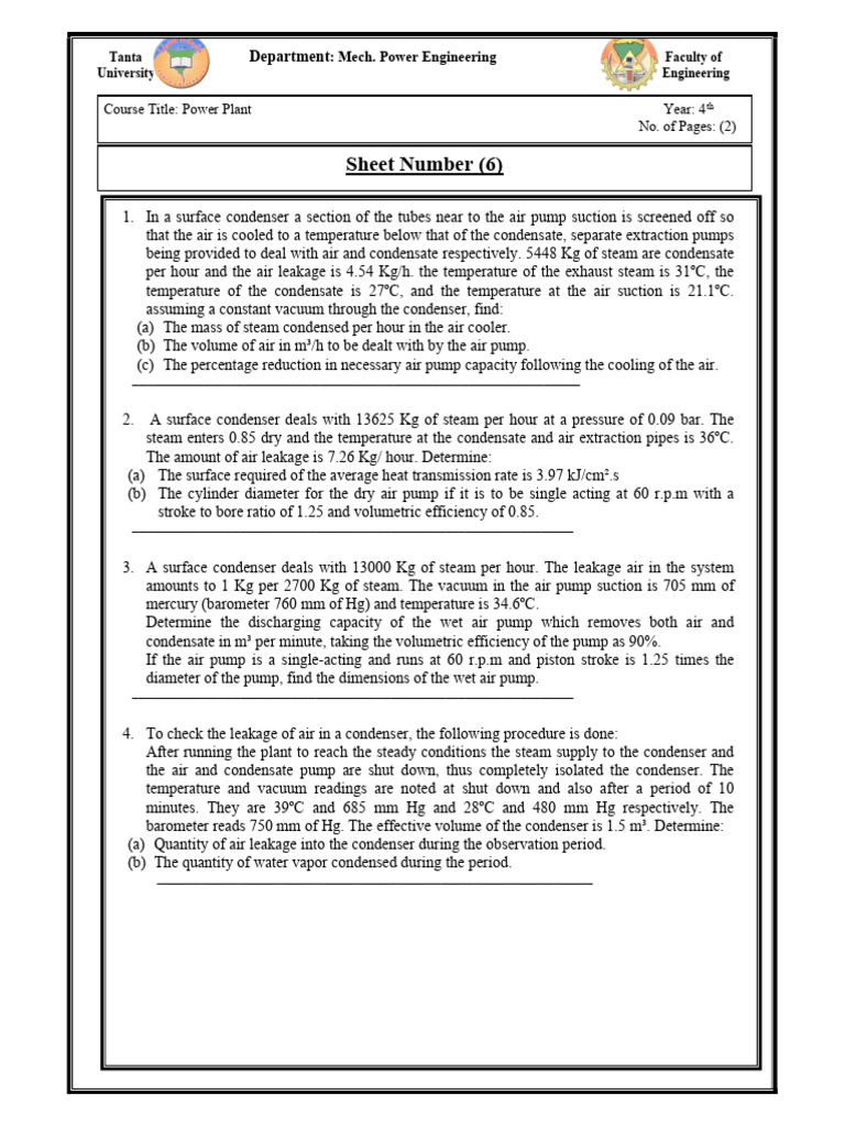 Sheet 6. Power Plant Condenser | PDF | Pump | Steam