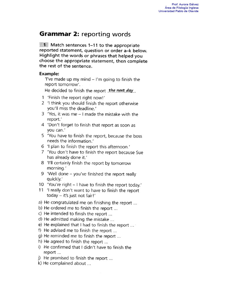 Reporting Words Extra + KEY | PDF