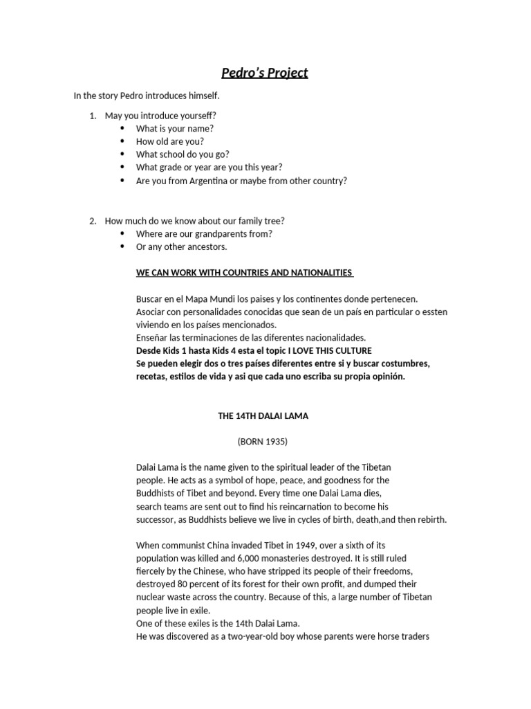 Pedro's Project Worksheet | PDF | Tibet | 14th Dalai Lama