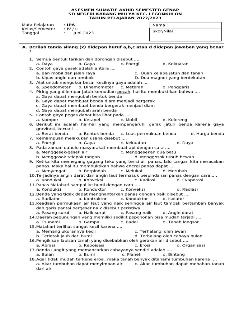 ASESMEN SUMATIF IPA KELAS IV | PDF