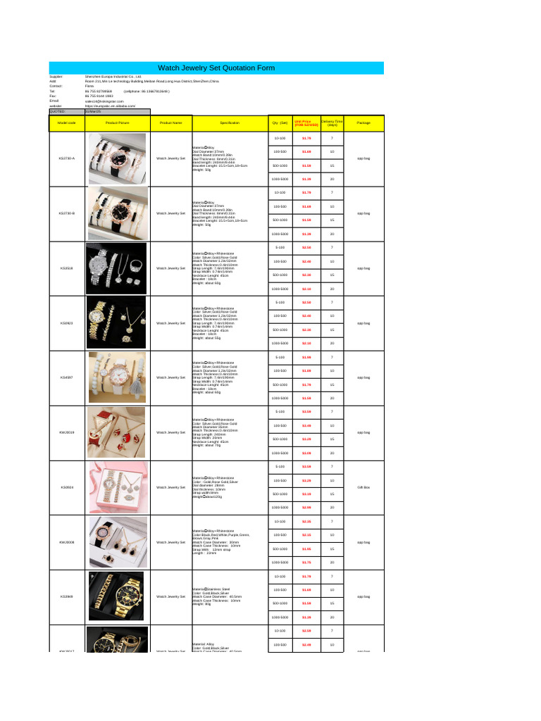 Watch Jewelry Set Quotation Form | PDF | Jewellery | Metals