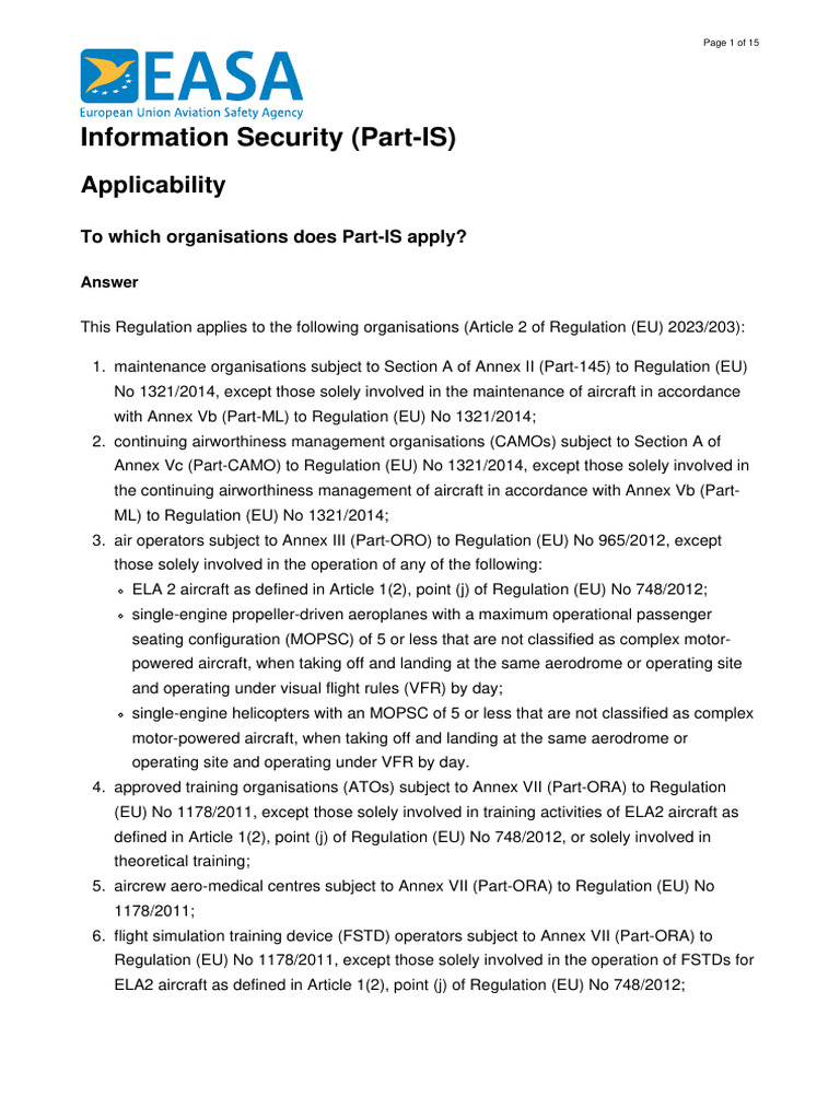 EASA - Information Security PartIS | PDF | Information Security | Regulatory Compliance