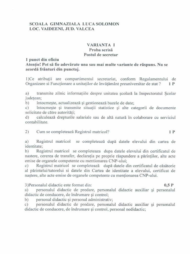 Subiecte Si Barem Concurs | PDF