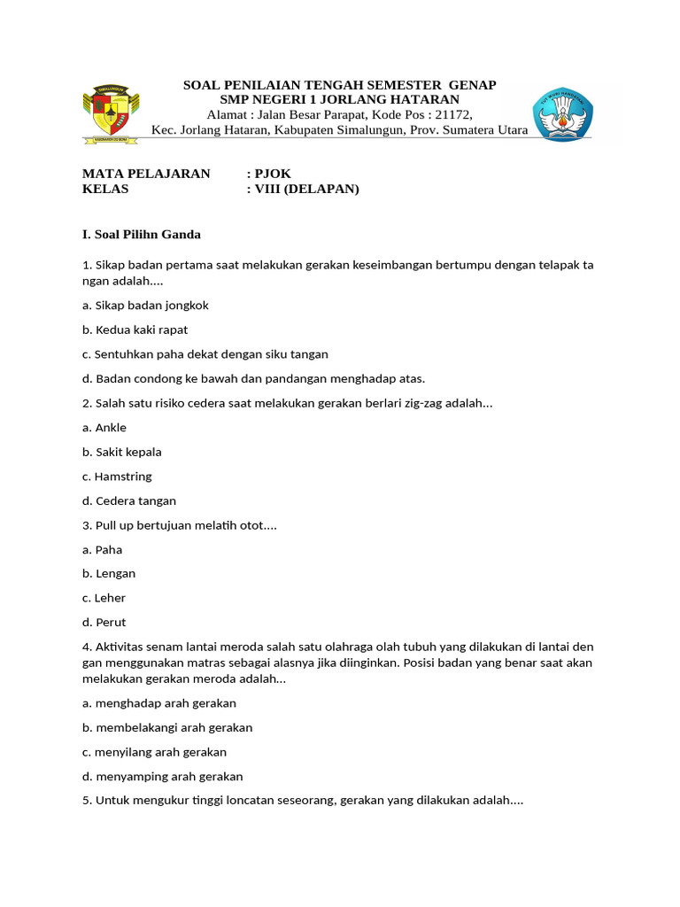 SOAL PENILAIAN TENGAH SEMESTER GENAP PJOK Kelas 8 | PDF