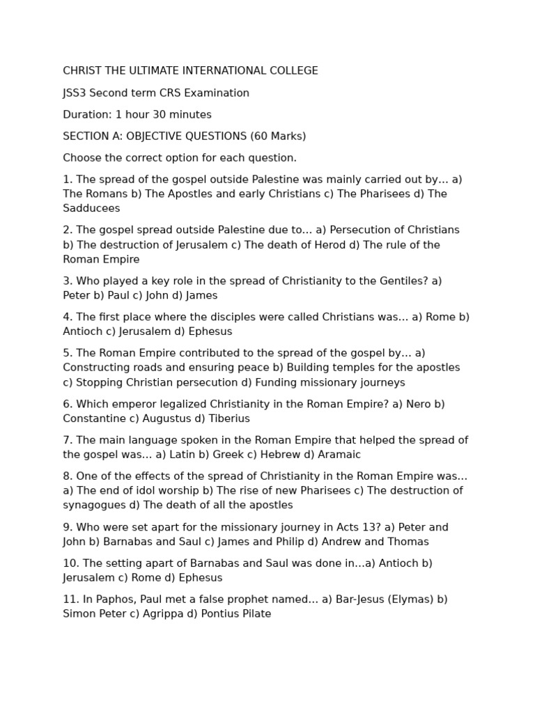 JSS3 CRS Exam Questions and Answers | PDF | Paul The Apostle | Early ...