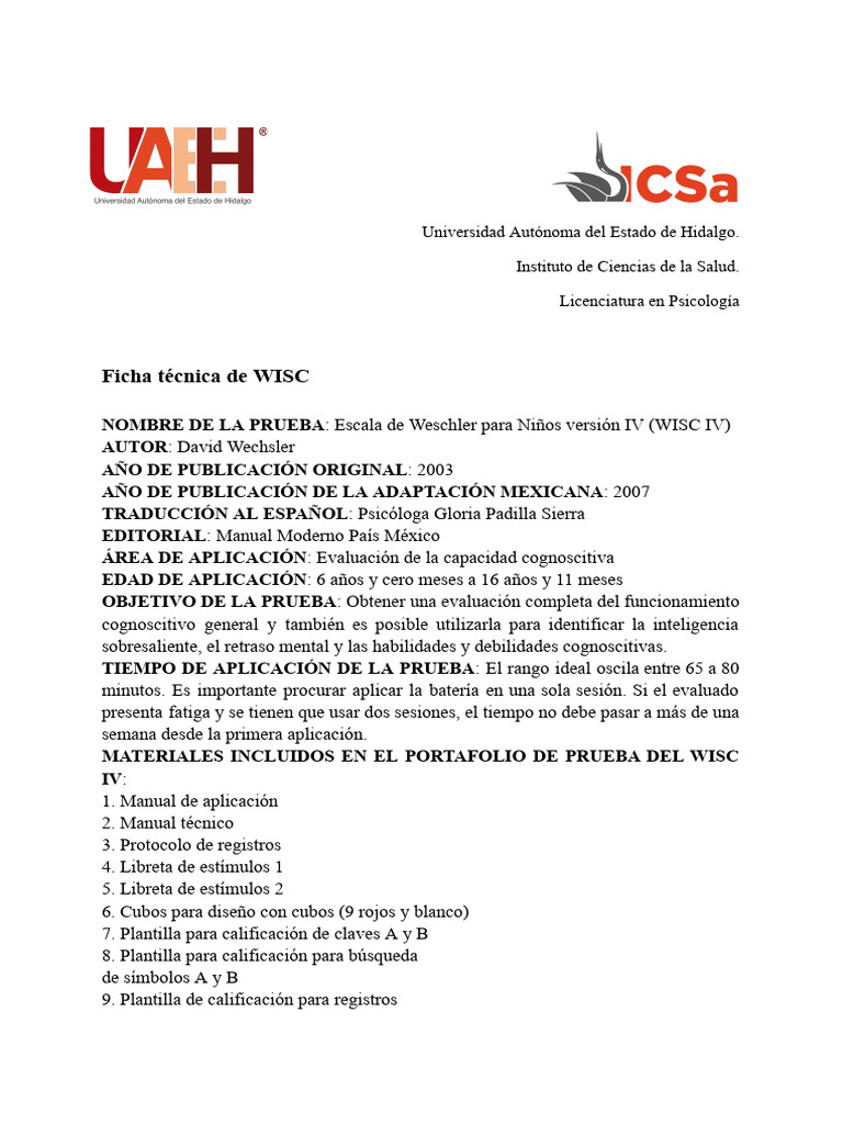 Ficha técnica de la prueba WISC IV | PDF | Sicología | Cognición