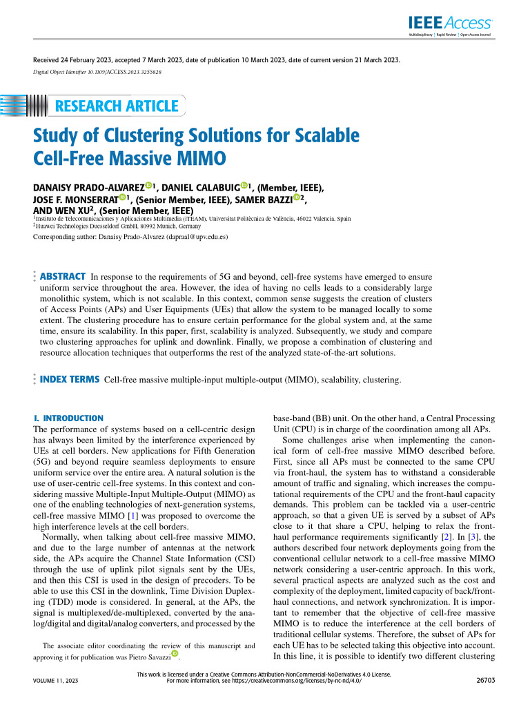 Study of Clustering Solutions For Scalable Cell-Free Massive MIMO | PDF | Mimo | Duplex ...
