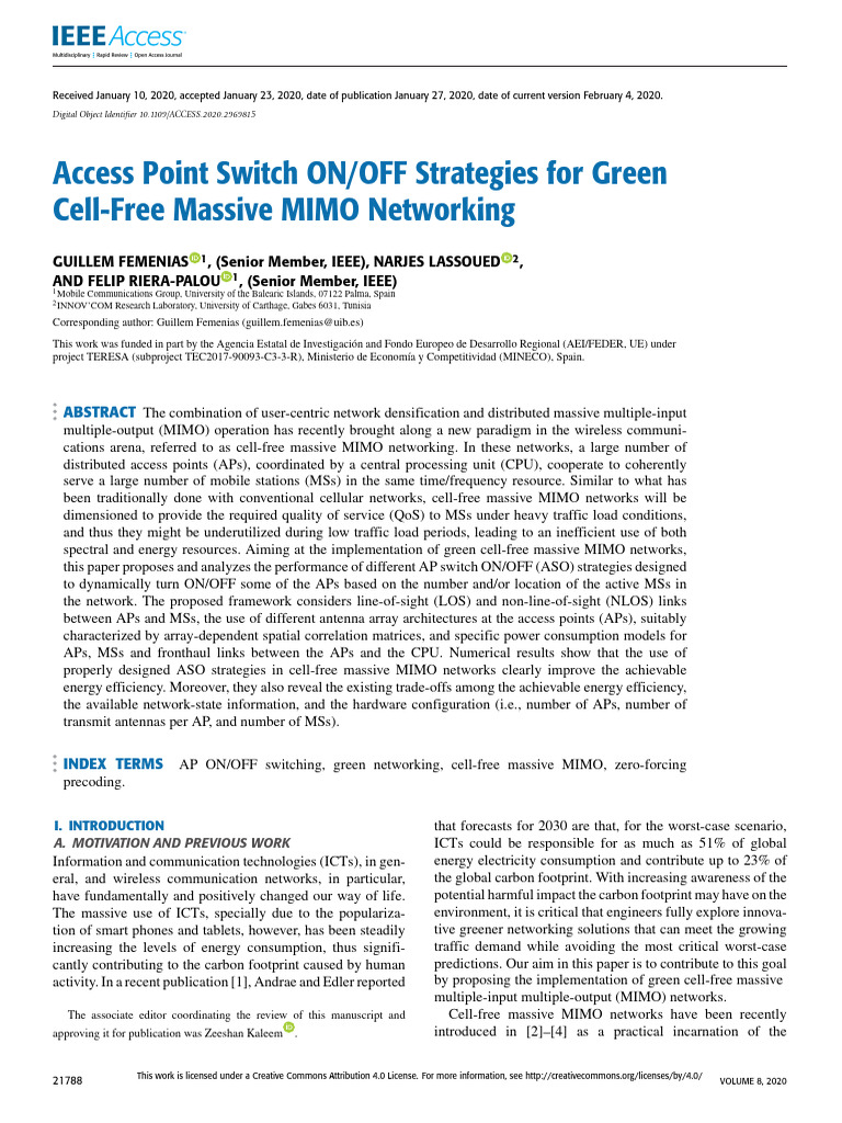 Access Point Switch ON OFF Strategies For Green Cell-Free Massive MIMO Networking | PDF | Mimo ...
