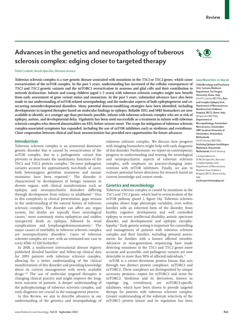 Advances in The Genetics and Neuropathology of Tuberous Sclerosis Complex Edging Closer To ...