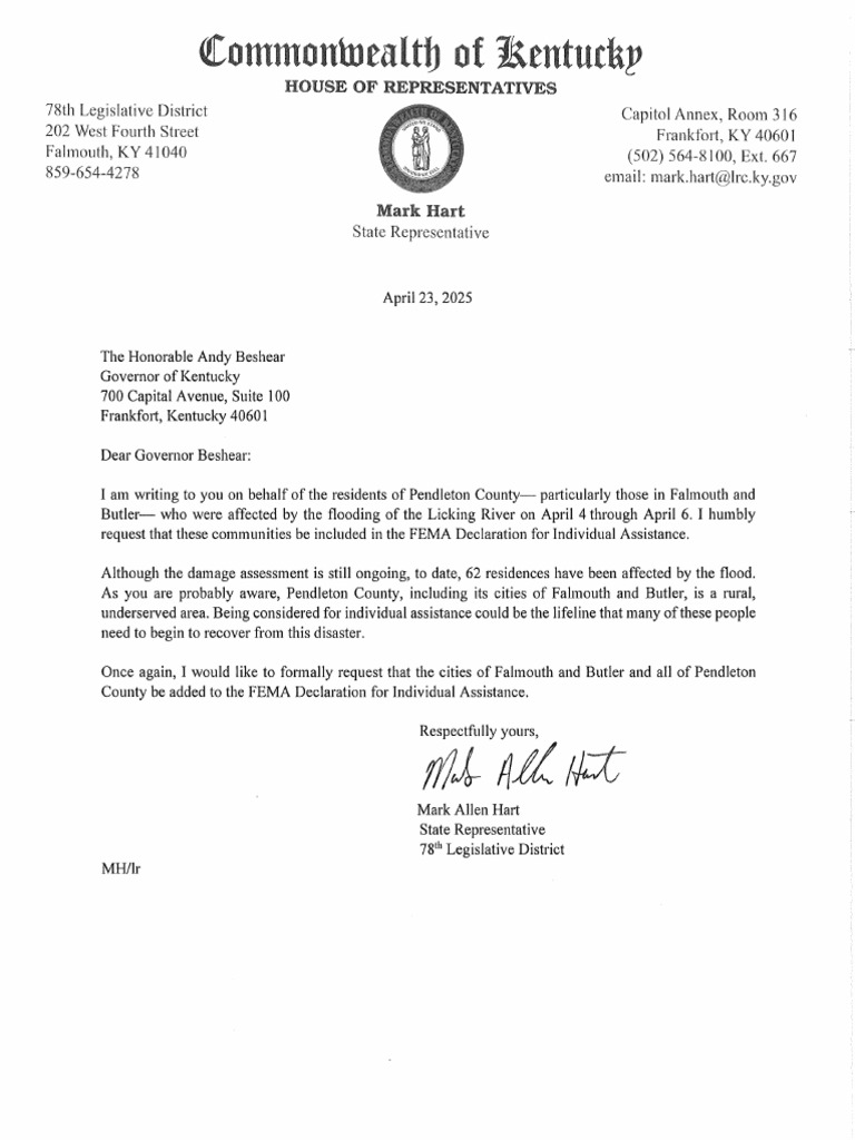 Rep. Hart - Letter To Beshear FEMA Declaration of Individual Assistance ...