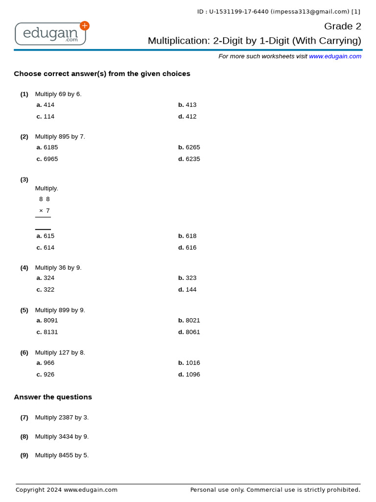 Multiplication 2-Digit by 1-Digit (With Carrying) | PDF