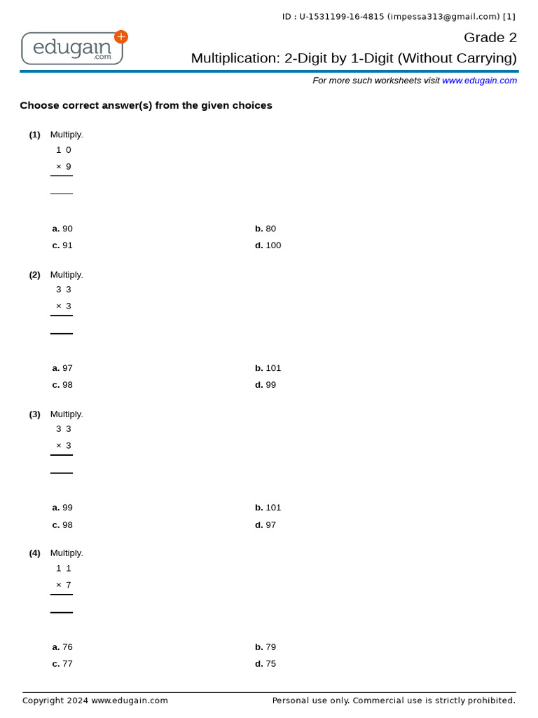 Multiplication 2-Digit by 1-Digit (Without Carrying) | PDF