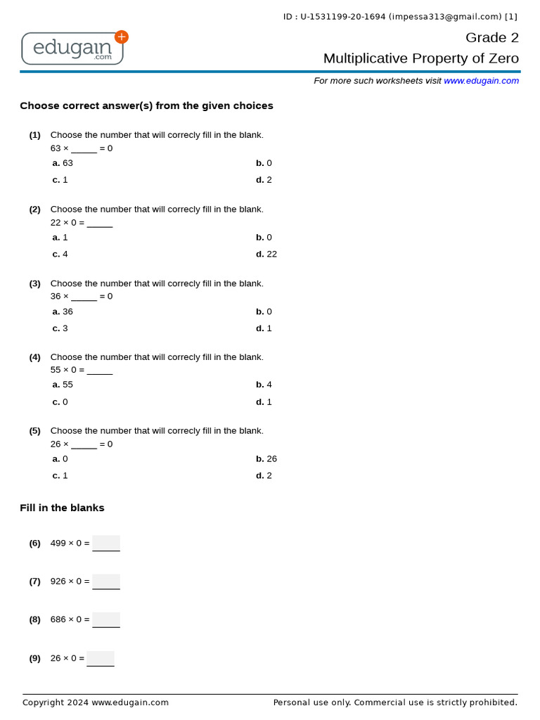 1. Multiplicative Property of Zero | PDF