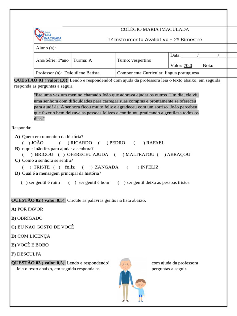 Provas Instumento 1 Segundo Bimestre | PDF