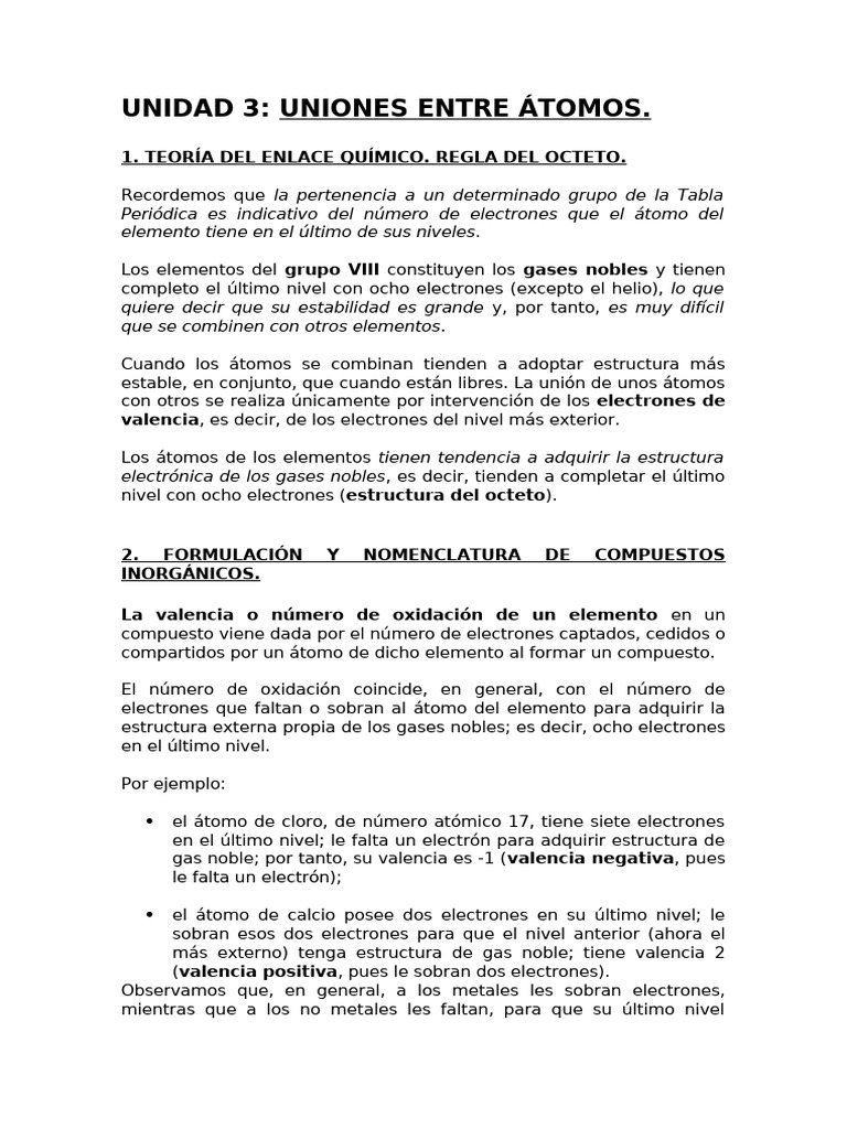 UNIDAD 3. Uniones Entre Ã¡tomos. | PDF | Valencia (Química) | Compuestos químicos