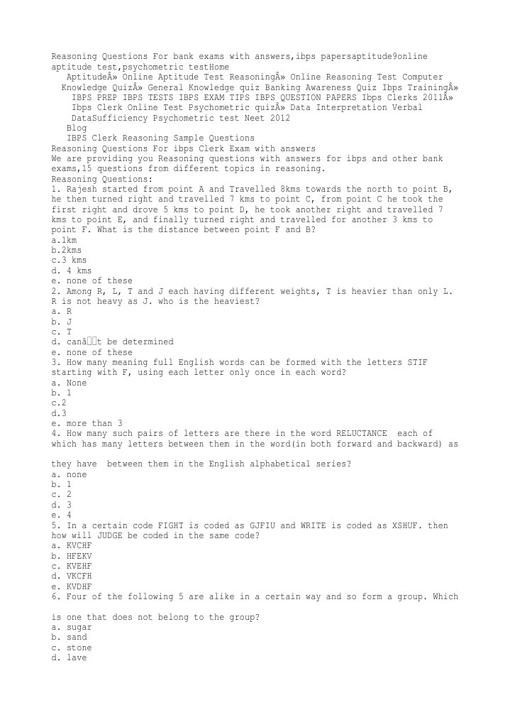Reasoning Questions For Bank Exams With Answers, Ibps Papers | PDF ...