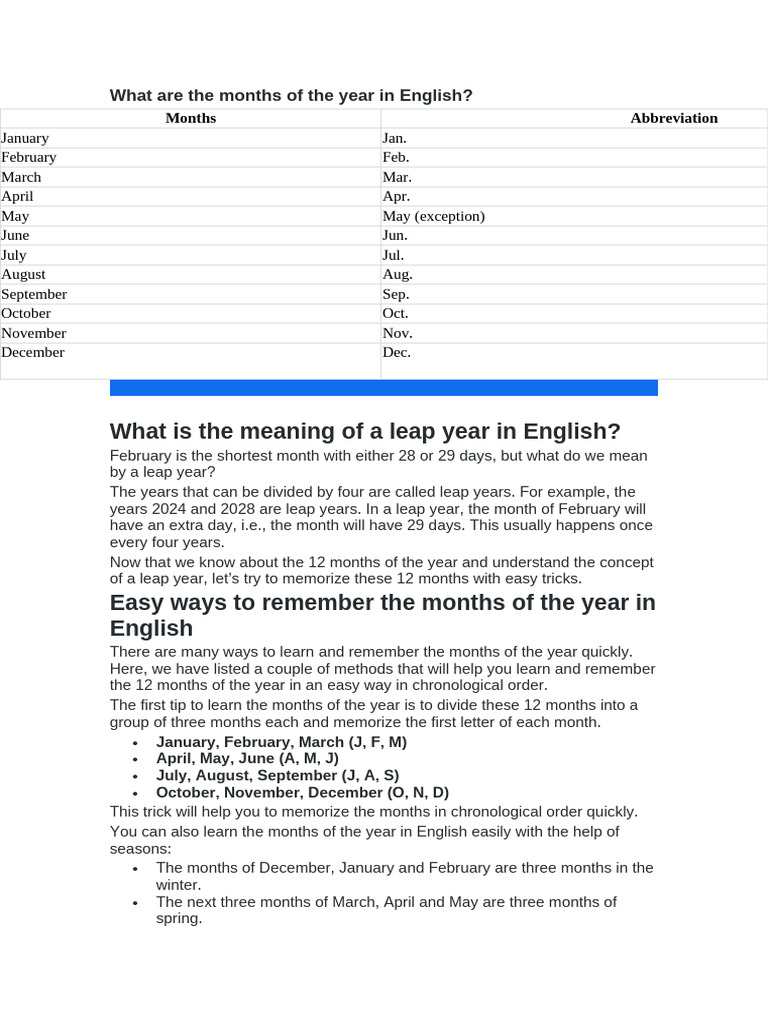 Months of the Year in English Explained | PDF