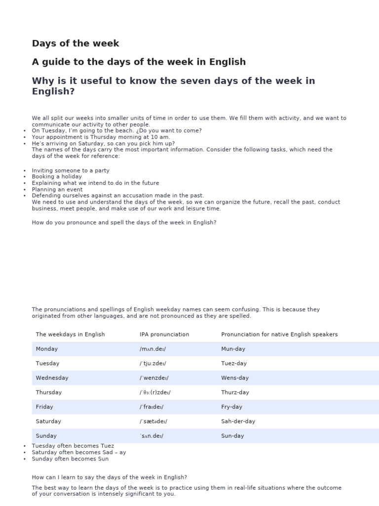 Explanation For Days of The Week in English | PDF | Workweek And ...