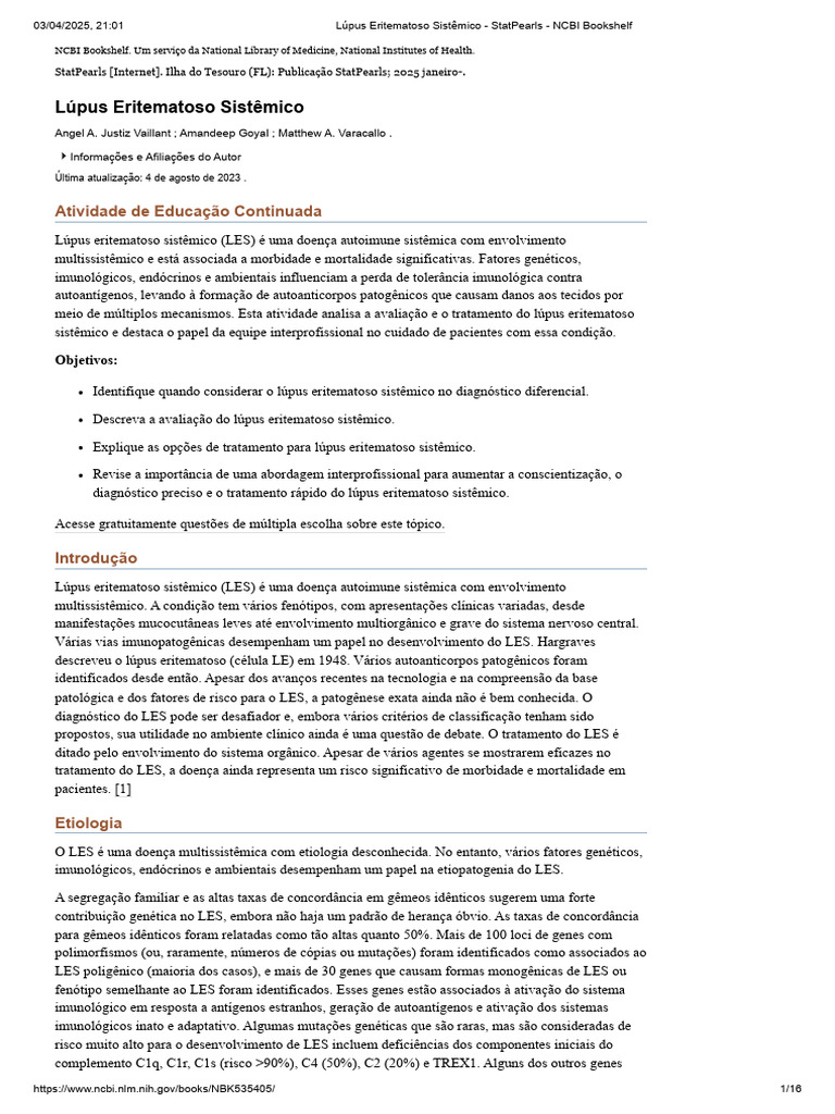 Lúpus Eritematoso Sistêmico - StatPearls - NCBI Bookshelf | PDF | Célula T | Citocina