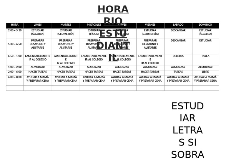 Horario de Estudios | PDF | Cena | Comportamientos alimenticios de los humanos