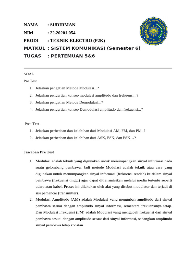 Tugas pert 5&6 Sistem Komunikasi P2K (SMT6) | PDF