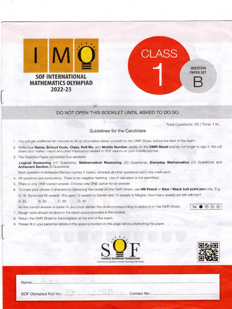 IMO Class-1 2022-23 Latest Question Paper | PDF