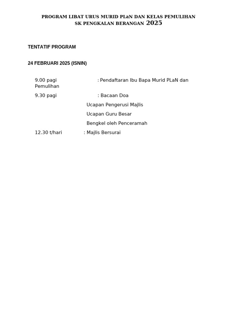 TENTATIF Dan AJK PROGRAM LIBAT URUS MURID PLaN DAN KELAS PEMULIHAN | PDF