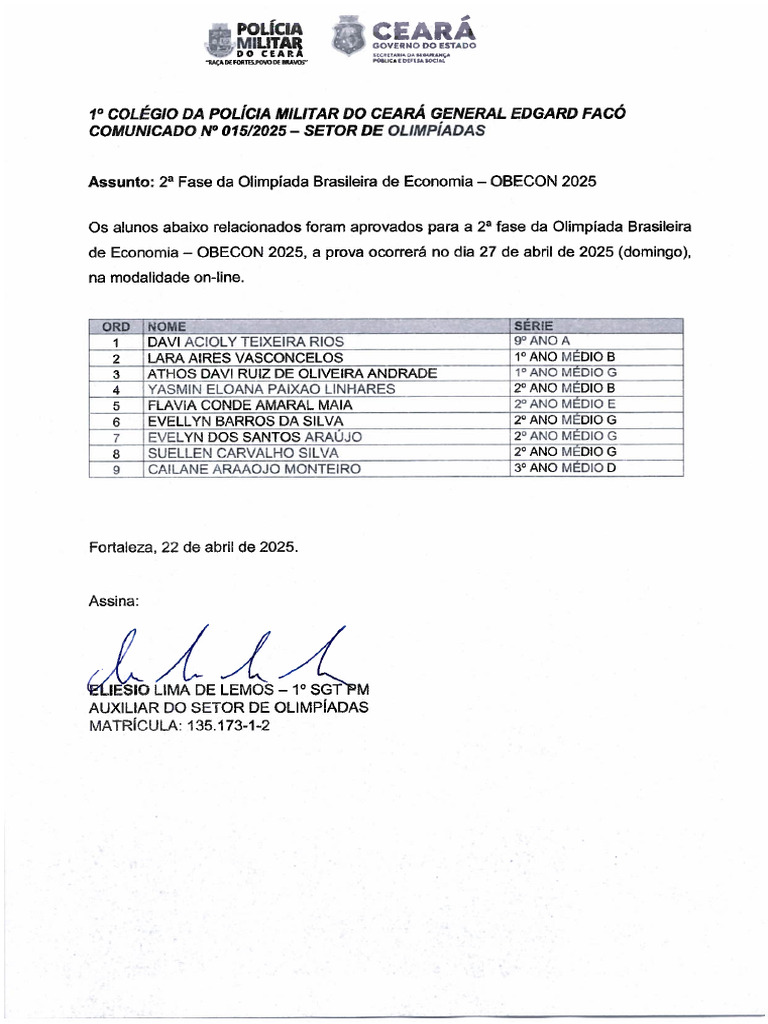 Comunicado 15 2025 Set Olimp Aprovados 2ª Fase Obecon 2025 | PDF