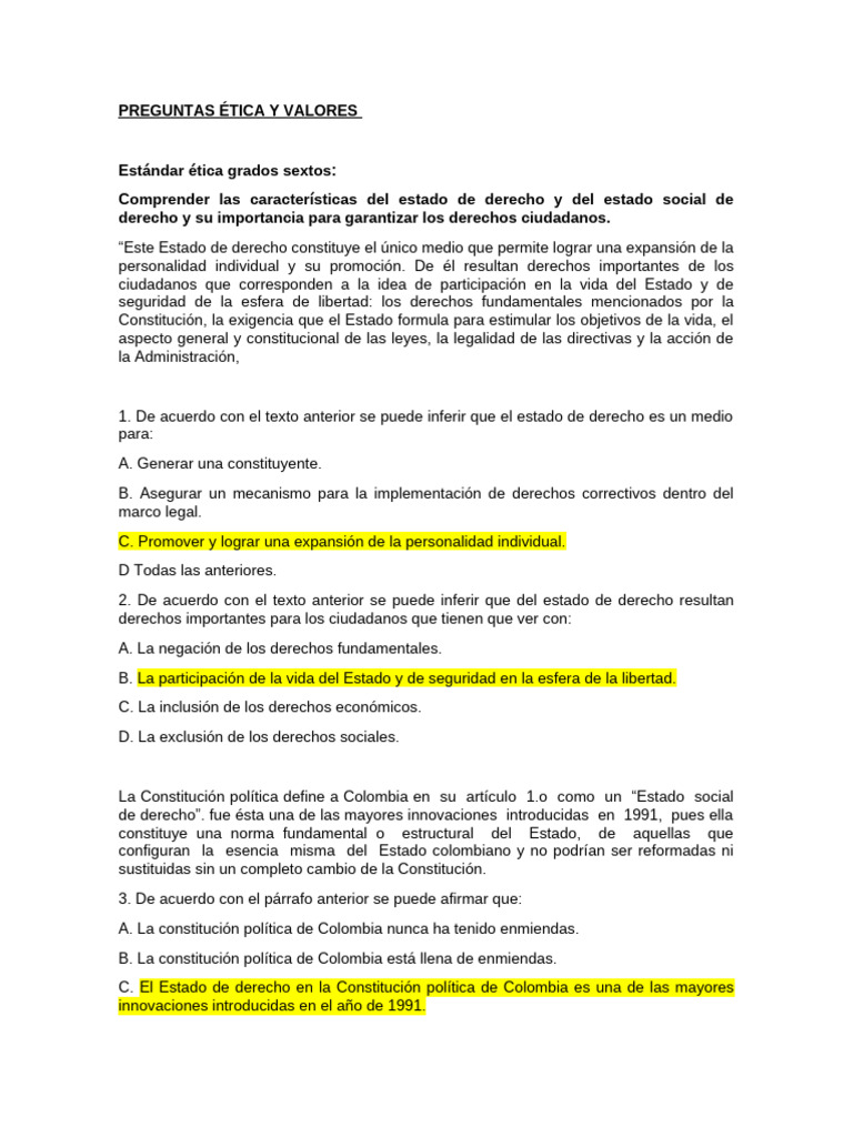 Preguntas Grado Sexto Ética y Valores | PDF | Constitución | Nación