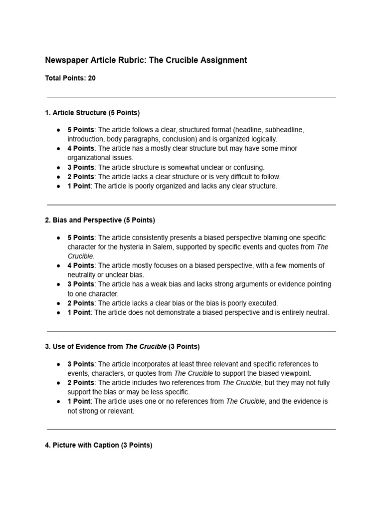 Newspaper Article Rubric - The Crucible Assignment | PDF | Cognitive ...