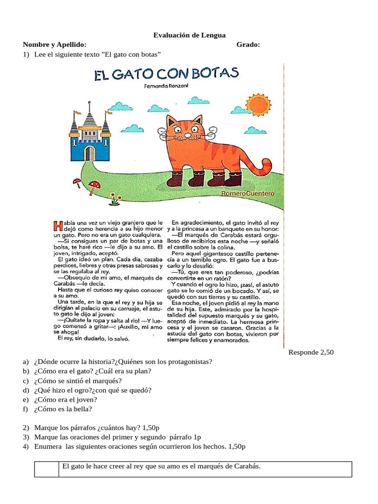 Evaluacion Cuento El Gato Con Botas | PDF