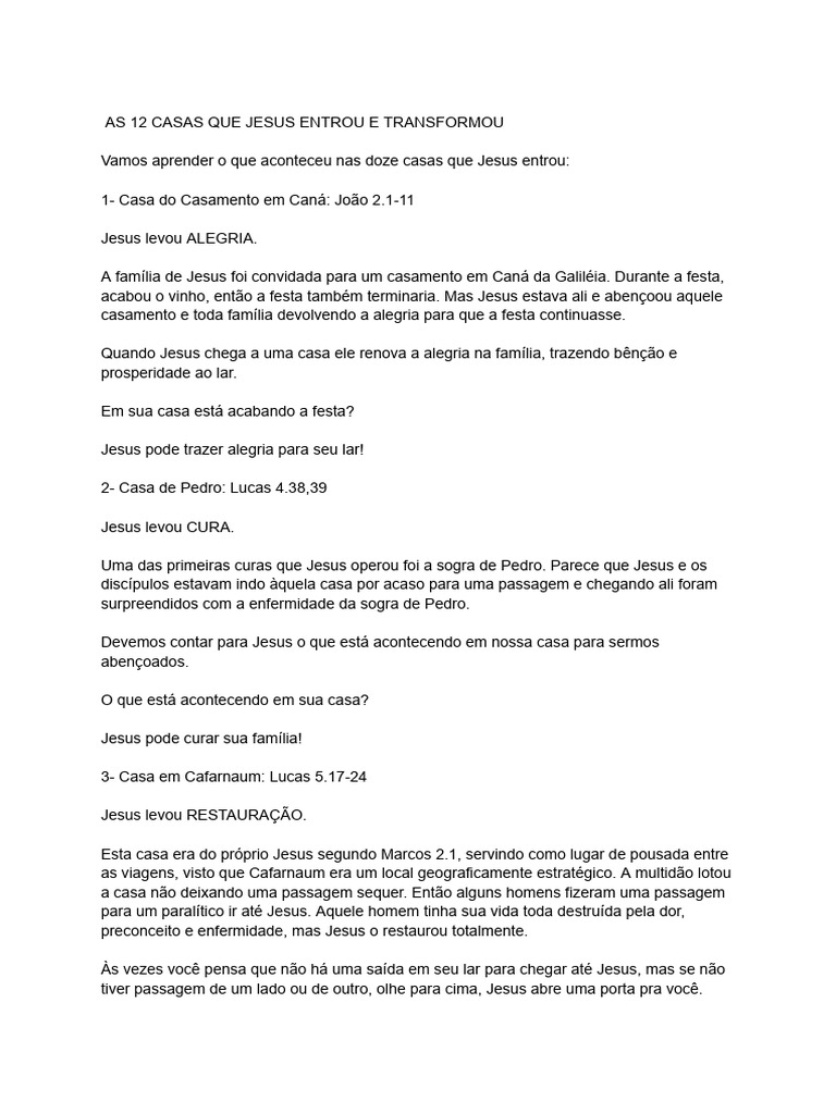 As 12 casas transformada por Jesus | PDF | Jesus | Eucaristia