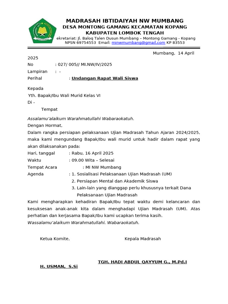 Undangan Rapat Wali Murid | PDF