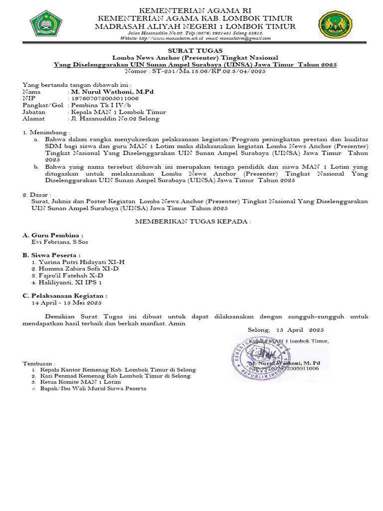 Surat Tugas Lomba Presenter Nasional Di Uin Surabaya Jatim 2025 | PDF
