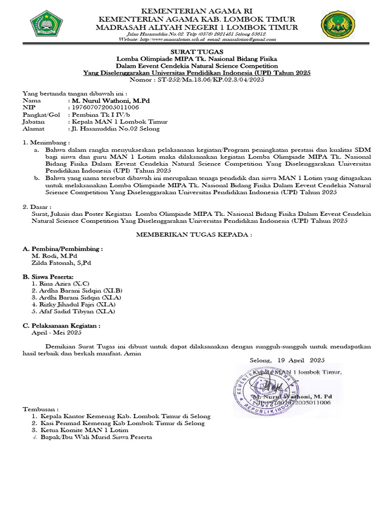Surat Tugas Lomba Olimpiade Fisika Nasional Di Univ Pendidikan Indonesia 2025 | PDF