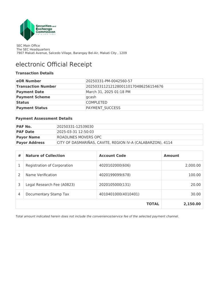 SEC Payment Receipt for Corporation Registration | PDF