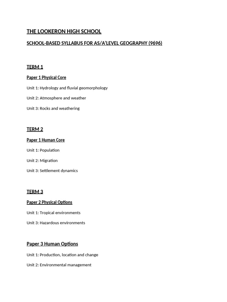 Lookeron High School Geography Syllabus | PDF
