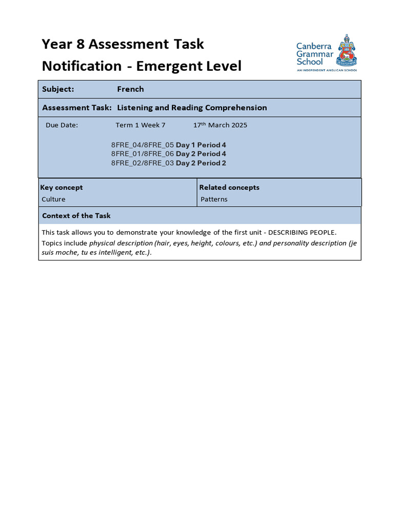 Year 8 French Listening & Reading Task | PDF | Reading Comprehension ...