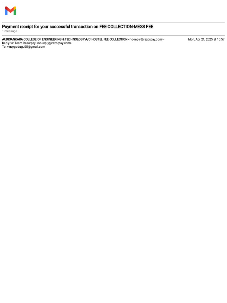 Gmail - Payment receipt for your successful transaction on FEE COLLECTION-MESS FEE (2) | PDF