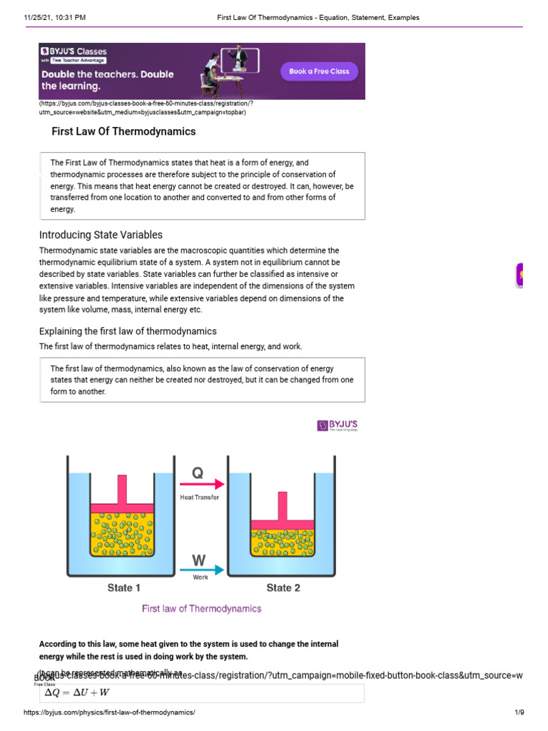 First Law of Thermodynamics - Equation, Statement, Examples | PDF ...