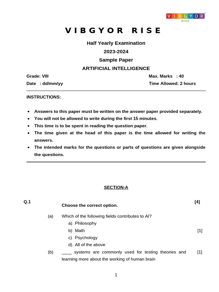 AI Sample Paper for Grade VIII Exam | PDF | Artificial Intelligence ...