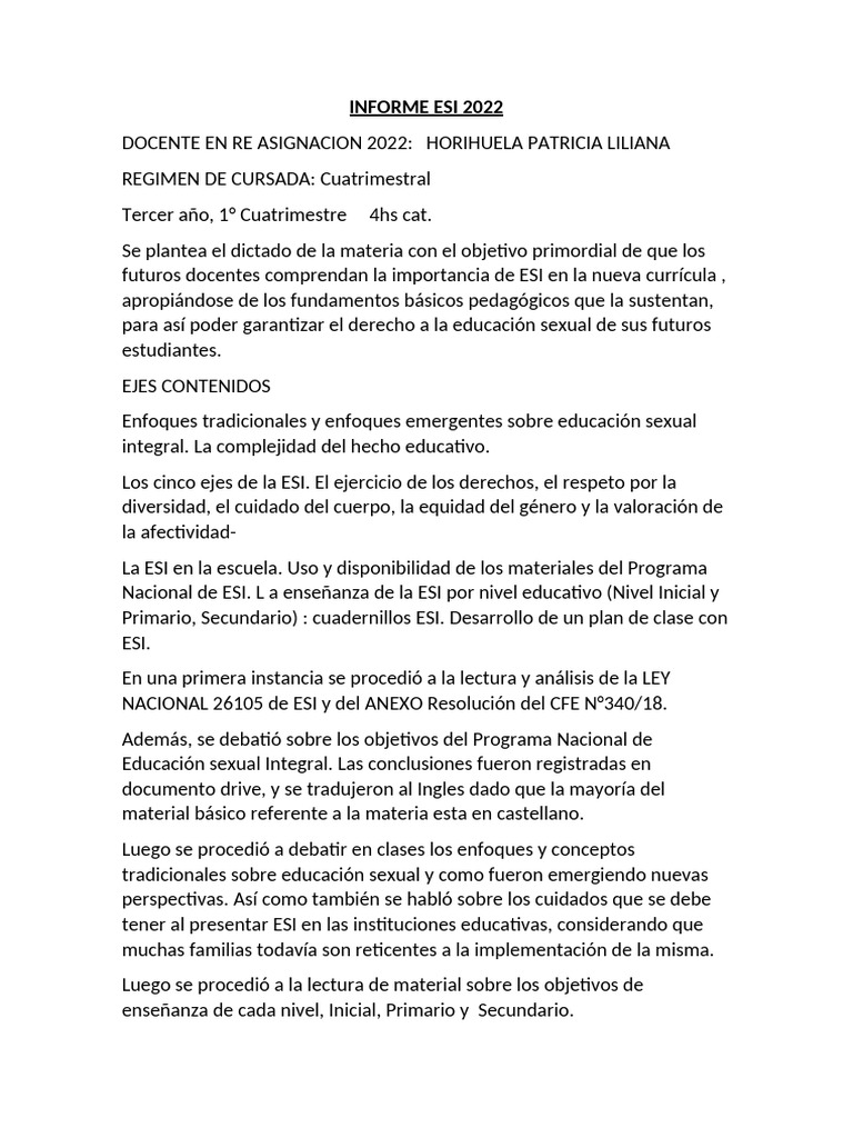 INFORME ESI 2022 | PDF | Educación sexual | Educación de la primera infancia