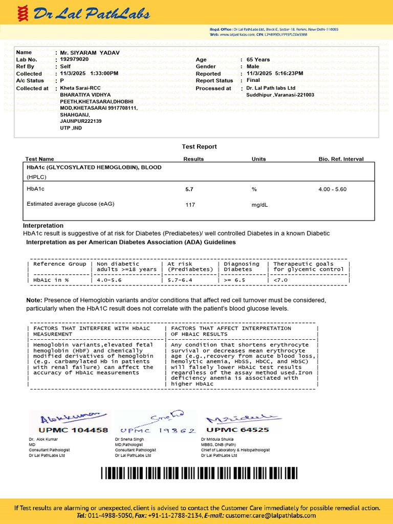 HbA1c Test Report for Mr. Siyaram Yadav | PDF | Glycated Hemoglobin ...