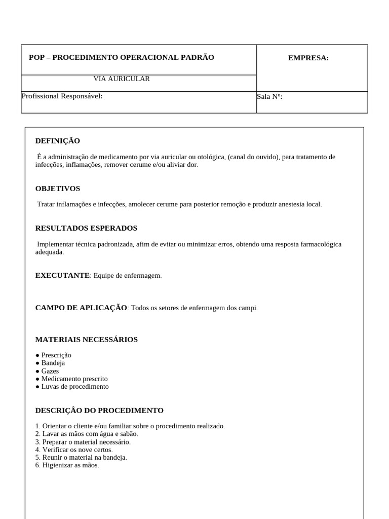 POP: Administração de Medicamentos Auricular | PDF