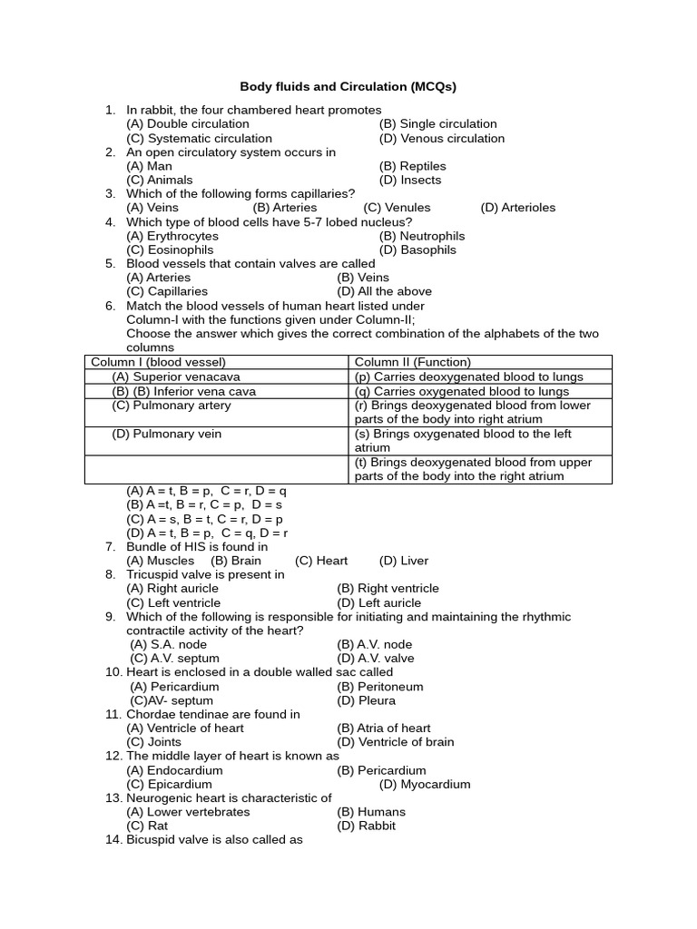 Body Fluids and Circulatio MCQs | PDF | Circulatory System | Heart Valve