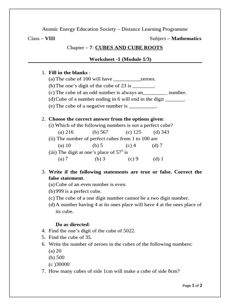 Viii Mat L07 M01 Cubes and Cuberoots Worksheet | PDF