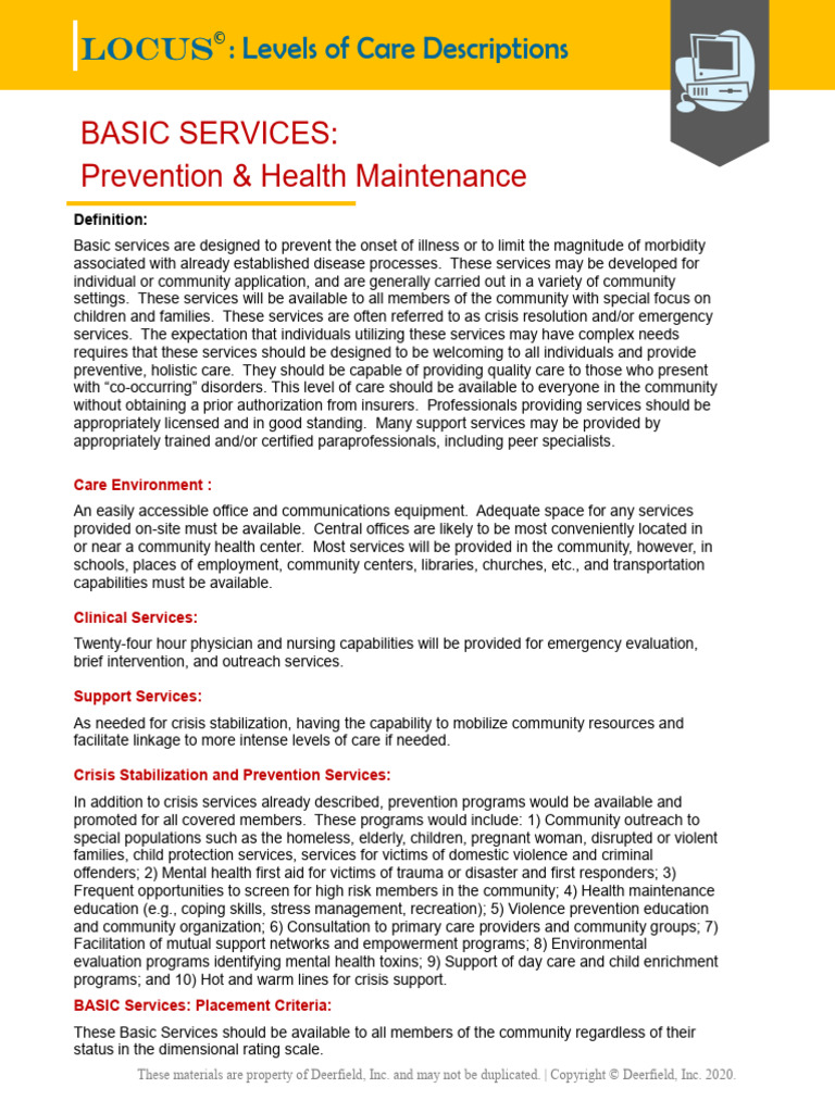 LOCUS Levels Care Handout | PDF | Psychiatry | Nursing